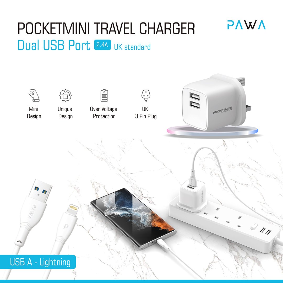 PocketMini Dual USB Travel Charger UK standard UAB-A to Lightning Cable ...