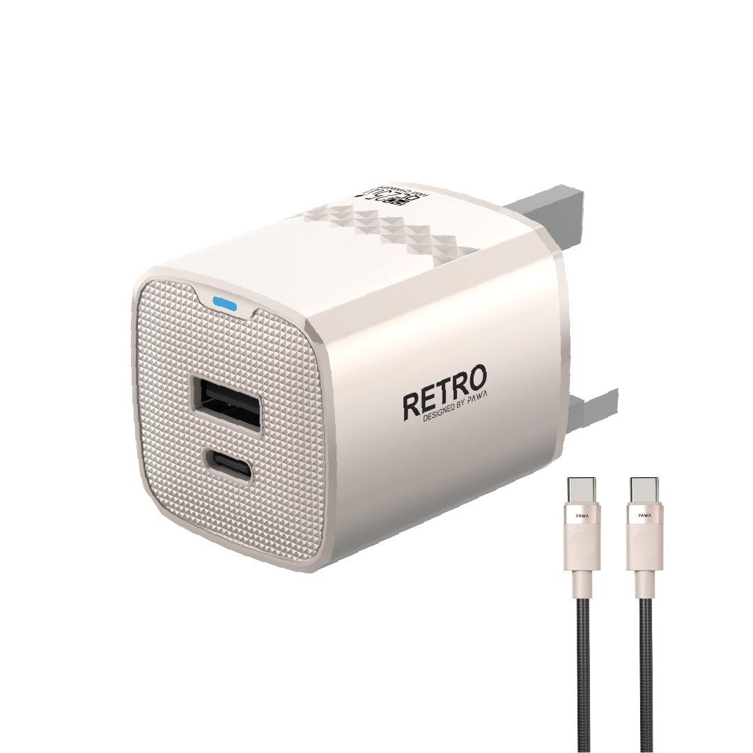 Retro 25W PD+QC UK Charger With USB-C to USB-C Cable - PAWA
