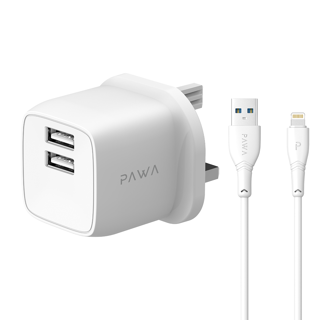 PocketMini Dual USB Travel Charger UK standard UAB-A to Lightning Cable ...