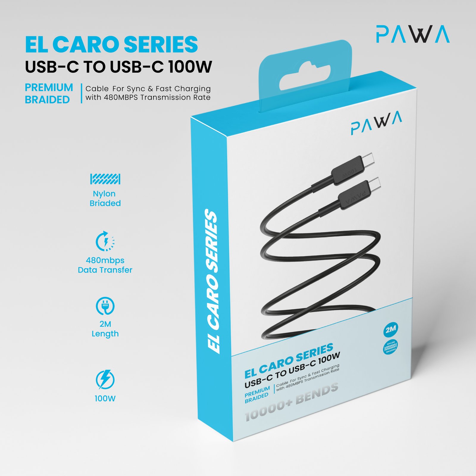 El-Claro Series Premium Braided Cable 2M USB-C to USB-C 100W | Black - PAWA
