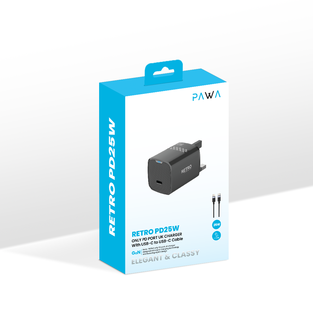 Retro PD25W Only PD Port UK Charger With USB-C to USB-C Cable - PAWA