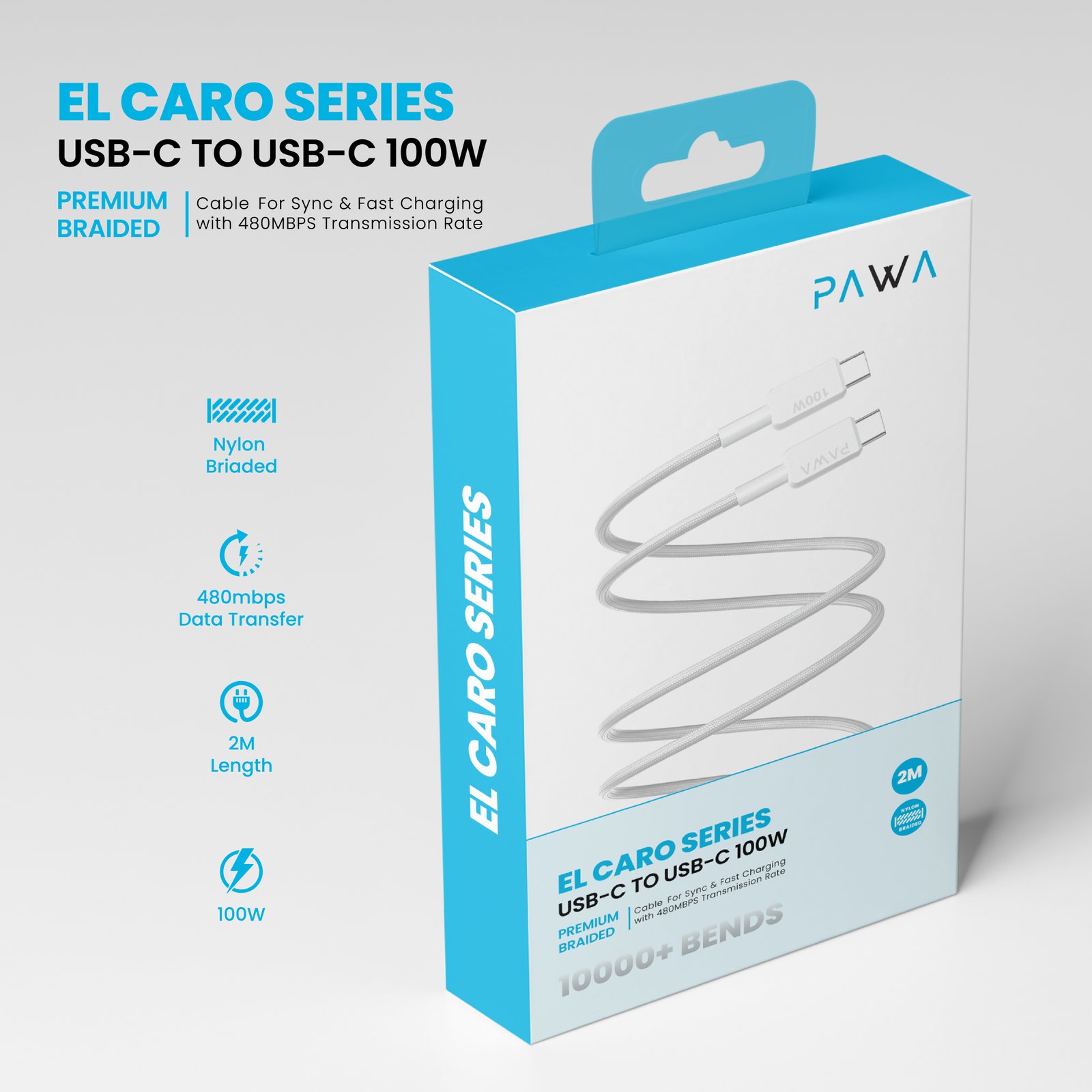 El-Claro Series Premium Braided Cable 2M USB-C to USB-C 100W | White - PAWA